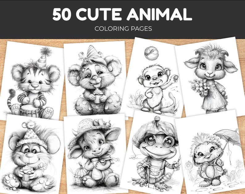 Cute Animals Coloring Book Printable, Grayscale Coloring Pages, Kids ...