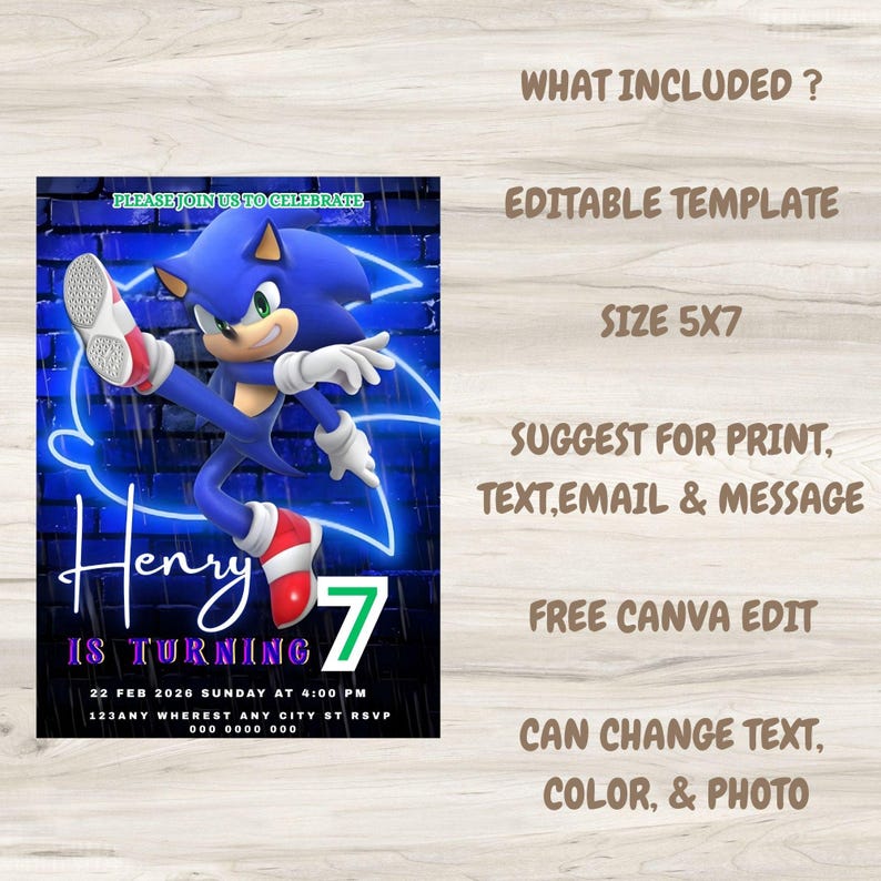 Editable Sonic Birthday Invitation | Blue Speed Theme Party Invite ...