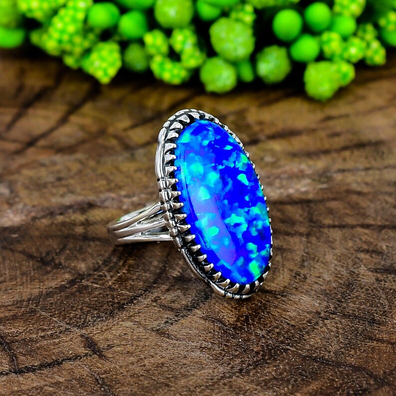 Blue Aurora Long Oval Ring: 925 Sterling Silver Statement Ring ...