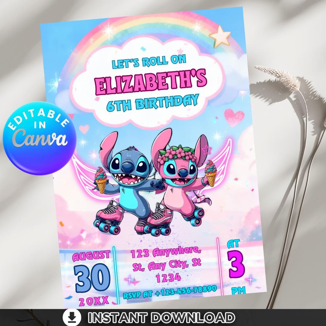 Stitch Roller Skating 7th Birthday Invitation Lilo & Angle Winter Ice ...