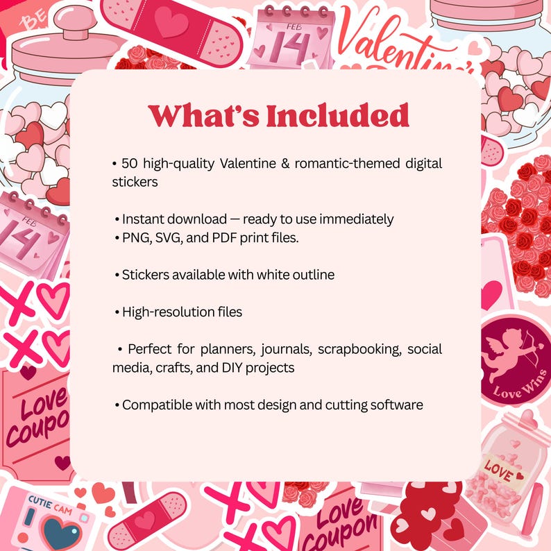 50 Valentine's Day Stickers, Hearts, Love (digital Stickers) - Etsy