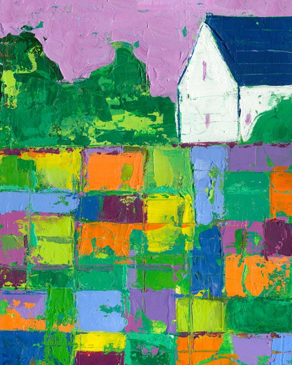 8x10 PRINT White Barn on a Patchwork Field Primitive Folk Art - Etsy