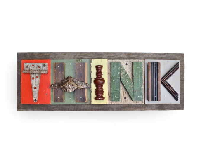 Typography THINK 5 Wood Collage Modern Vintage Sign Letters - Etsy