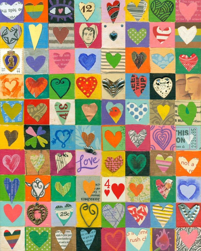 8x10 PRINT, 80 Mixed Media Hearts Collage, by Elizabeth Rosen - Etsy