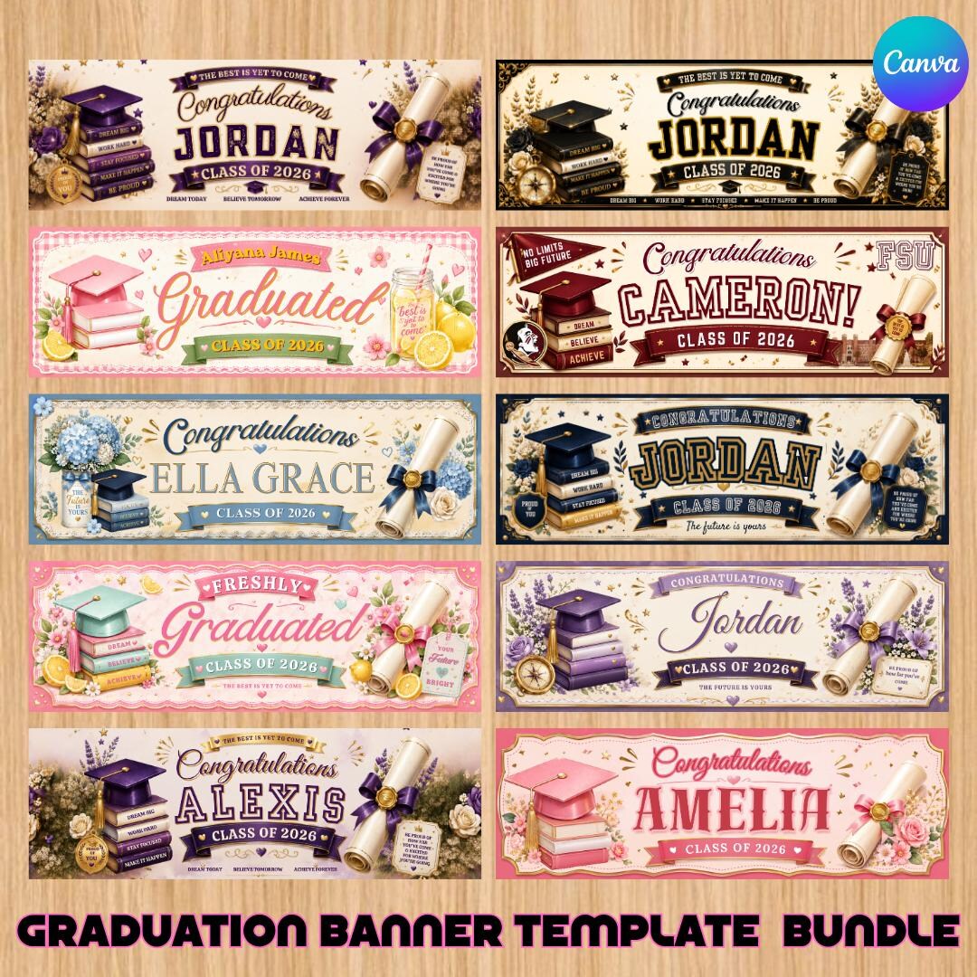 Graduation Banner Template Bundle, Customizable Printable Banner ...