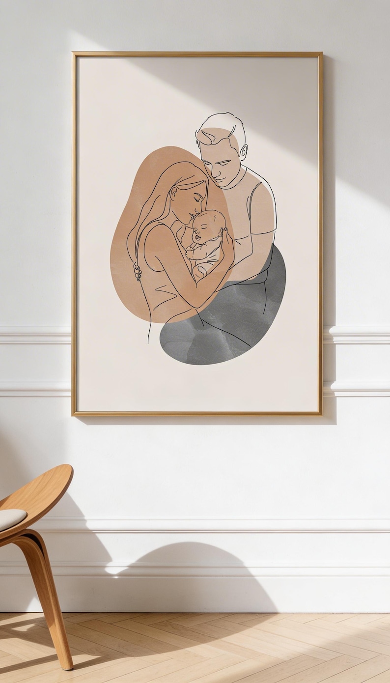 Newborn Family Line Art Portrait – Minimalist Parents Baby Illustration ...