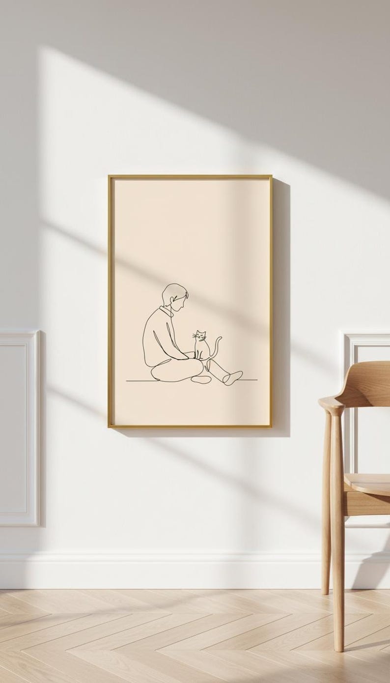 Man and Cat Line Art Print, Minimalist Pet Lover Wall Décor (digital ...