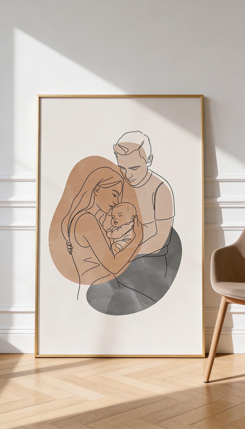 Newborn Family Line Art Portrait – Minimalist Parents Baby Illustration ...