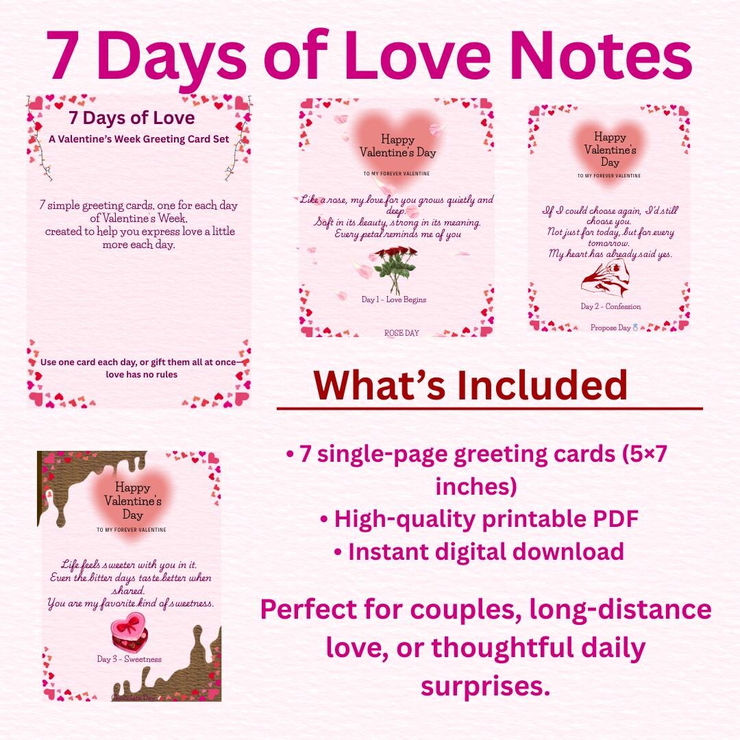 7 Day Valentine's Love Notes | Romantic Greeting Cards (PDF Download ...