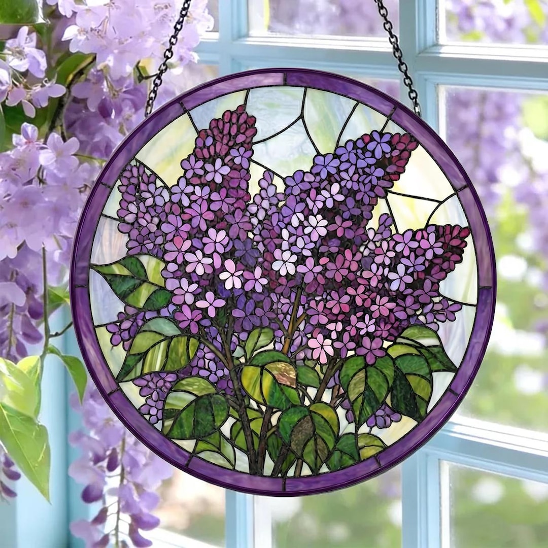 Purple Lilac Stained Glass Suncatcher, Floral Window Hanging, Lilac Art ...