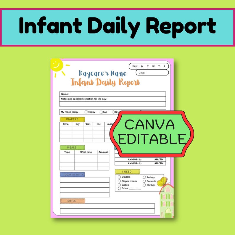 Infant Daily Report Template, Editable Canva Childcare Log (digital ...