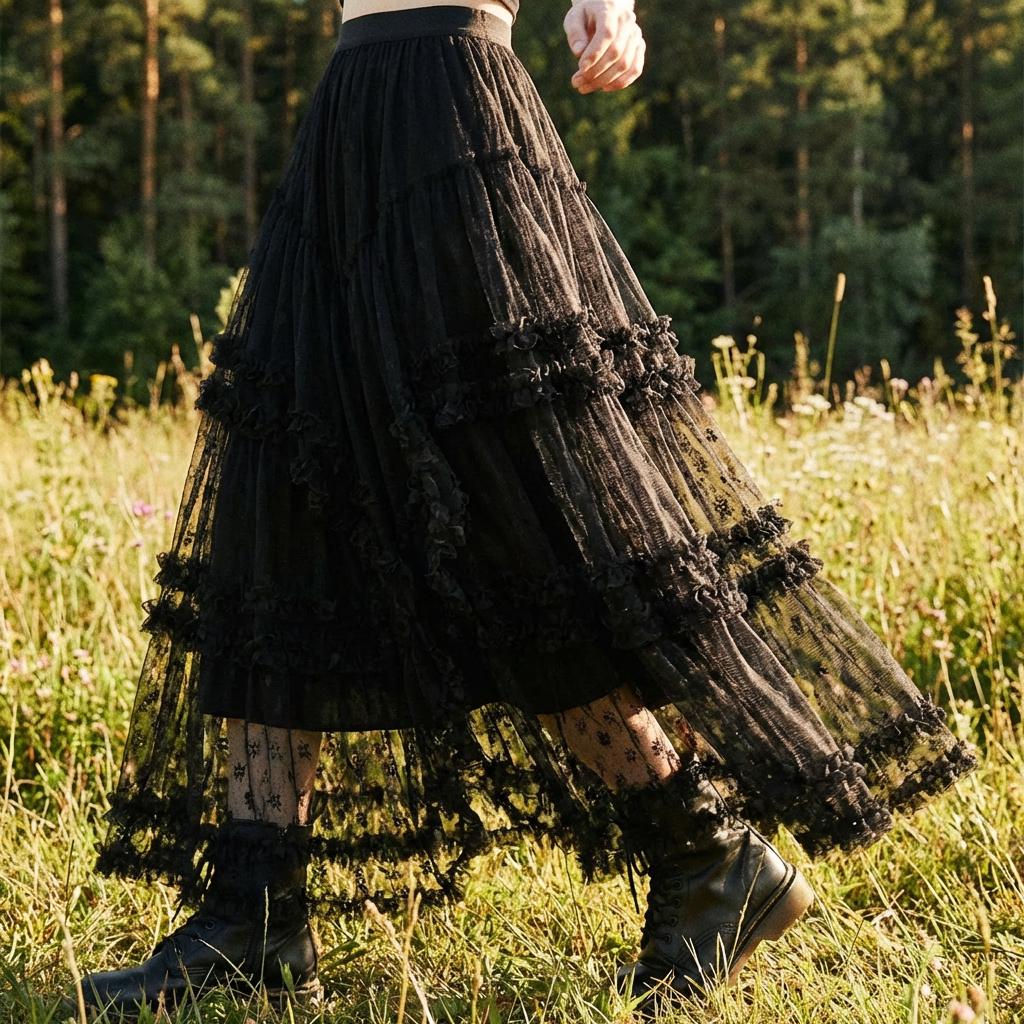 Long Gothic Skirt – Black Lace Gothic Skirt With Elastic Waist ...