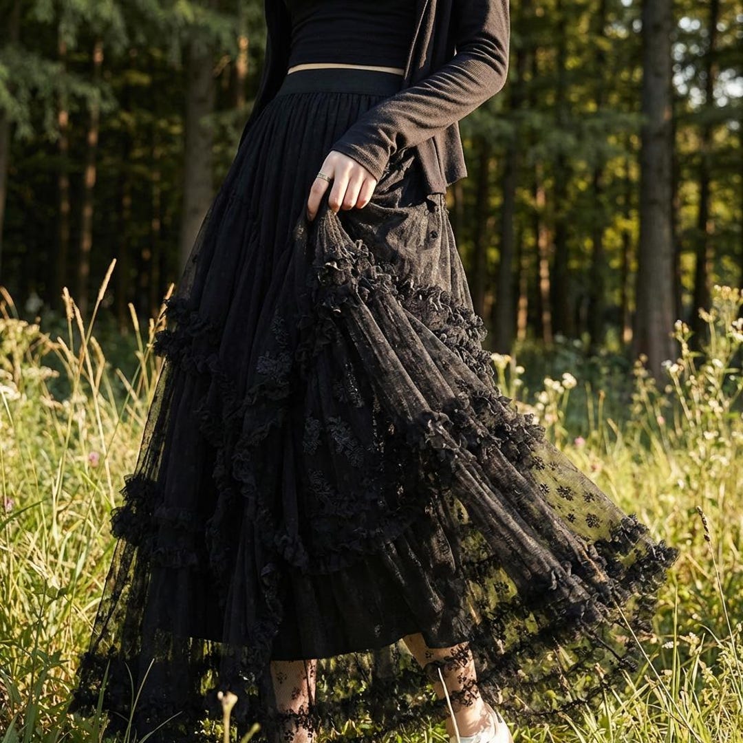Long Gothic Skirt – Black Lace Gothic Skirt With Elastic Waist ...