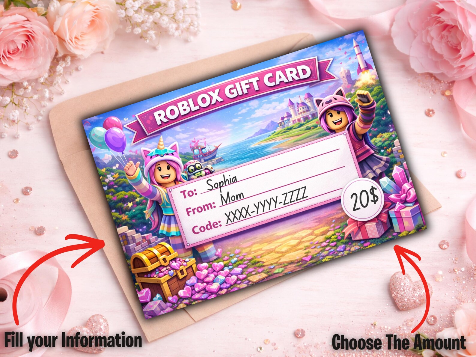 Printable Girly Roblox Gift Card Template | Print & Fill In - Etsy