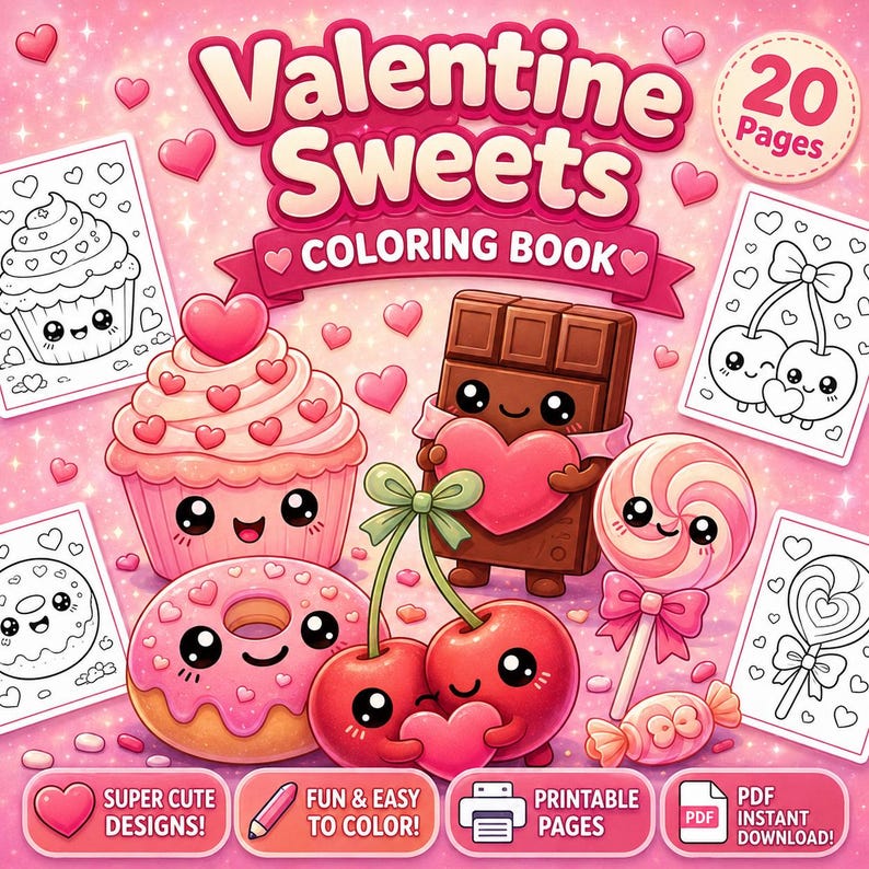 Kawaii Valentine Sweets Coloring Book | Kids' Activity (instant ...