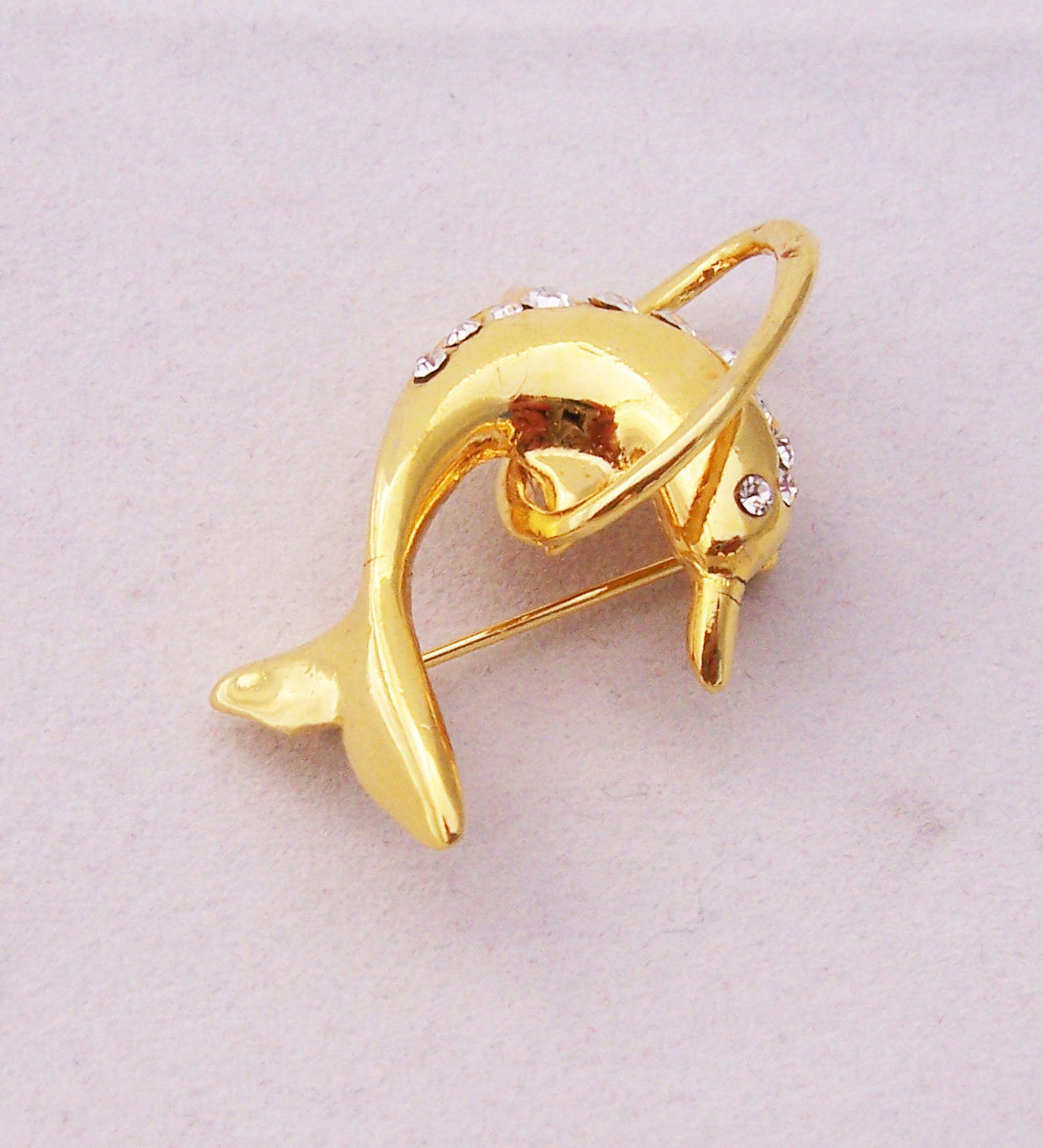 Vintage Dolphin Brooch, Dolphin, Gold Tone With Clear Rhinestones ...