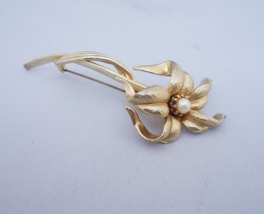 Signed "sphinx" Large Brooch, Flower Design With Faux Pearl Sphinx ...