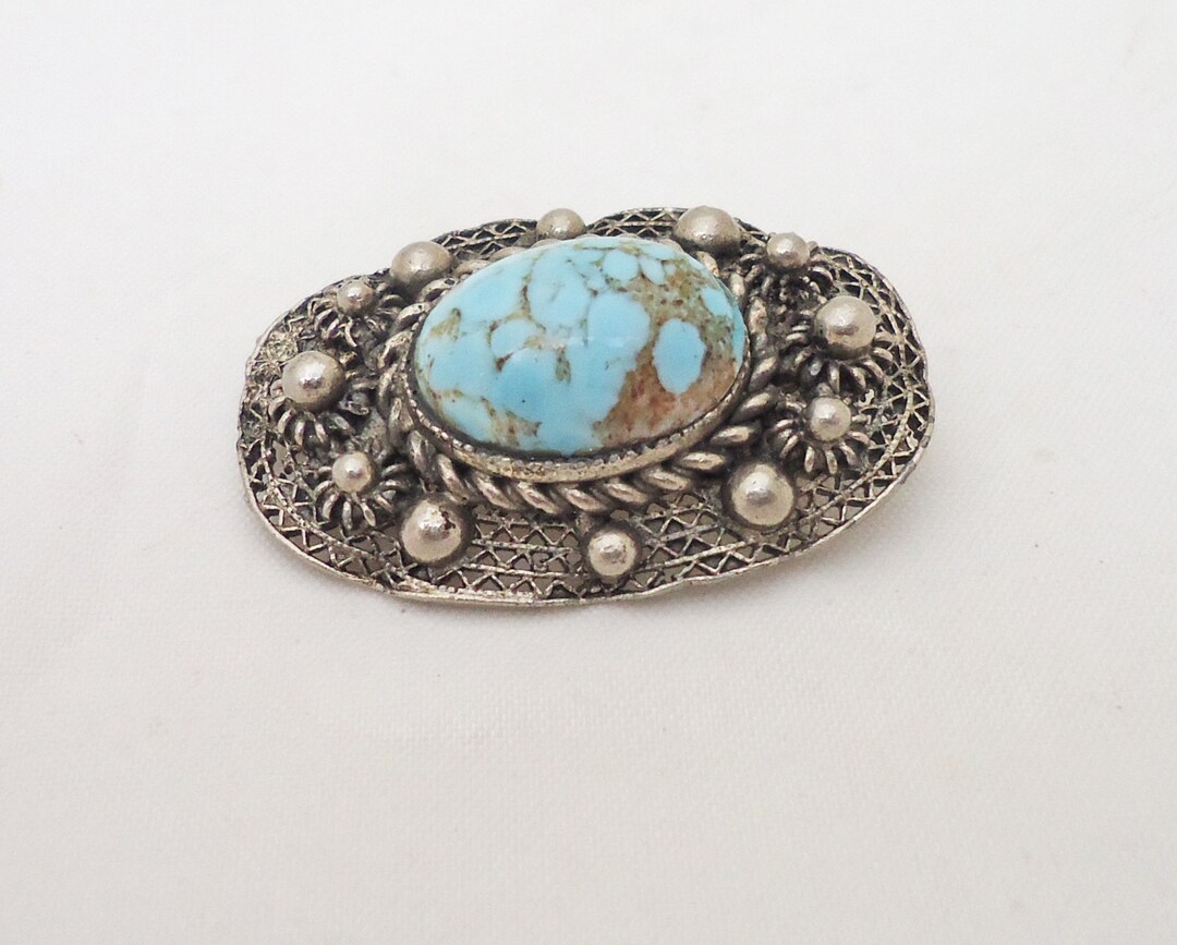 Vintage Brooch, Silver Tone Brooch With Gemstone, Retro Brooch, Blue ...