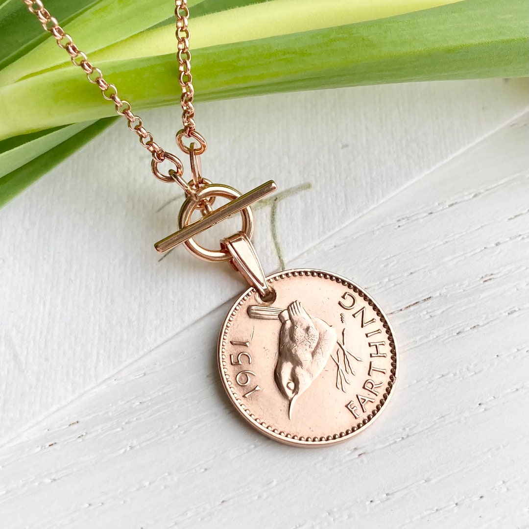 Farthing Wren Necklace, Choose the Date Bronze Coin, Rose Gold Toggle ...