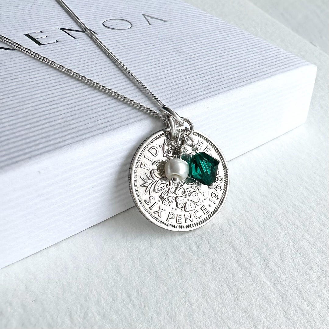 1966 Sixpence, Emerald 60th Coin Necklace With May Birthstone Charm and ...
