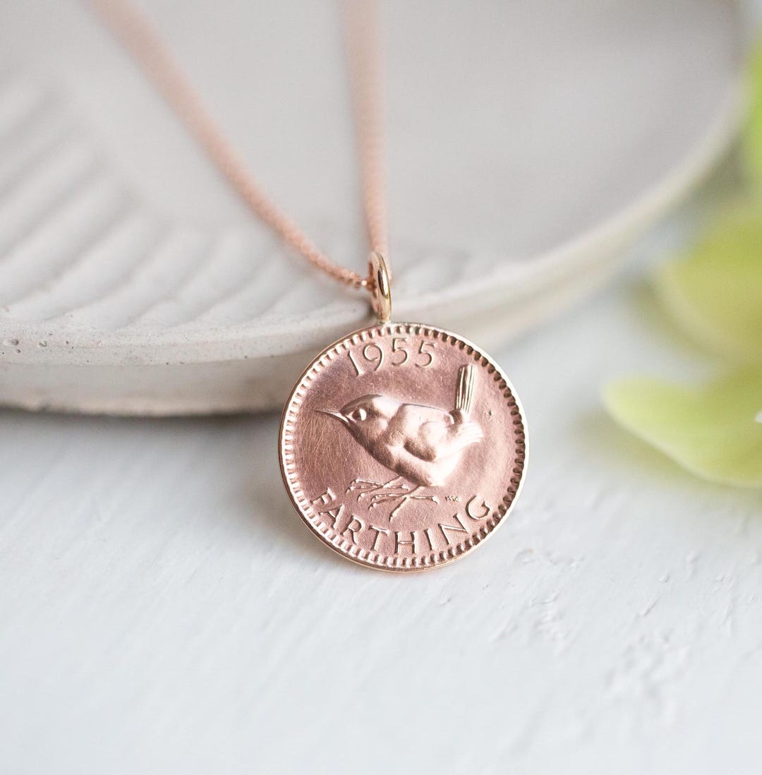 1955 Birth Year Gift, Farthing Coin Wren Necklace: Rose Gold Jewelry - Etsy