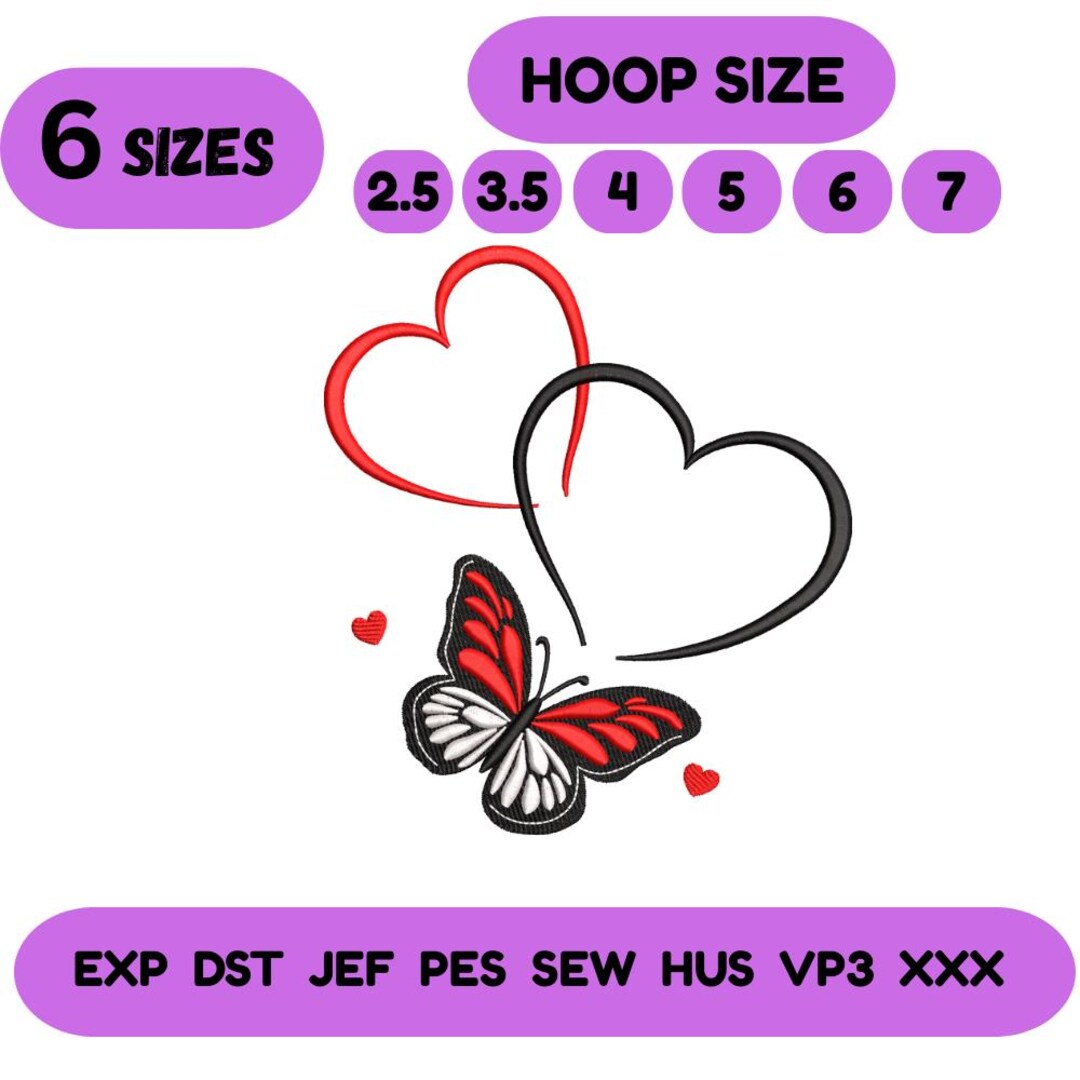 Heart & Butterfly Embroidery Design | Valentine's Day, 6 Hoop Sizes ...