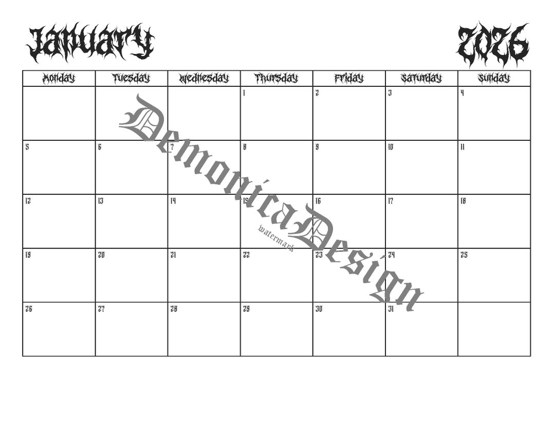 Simple Heavy Metal Gothic Calendar 2026 - Etsy