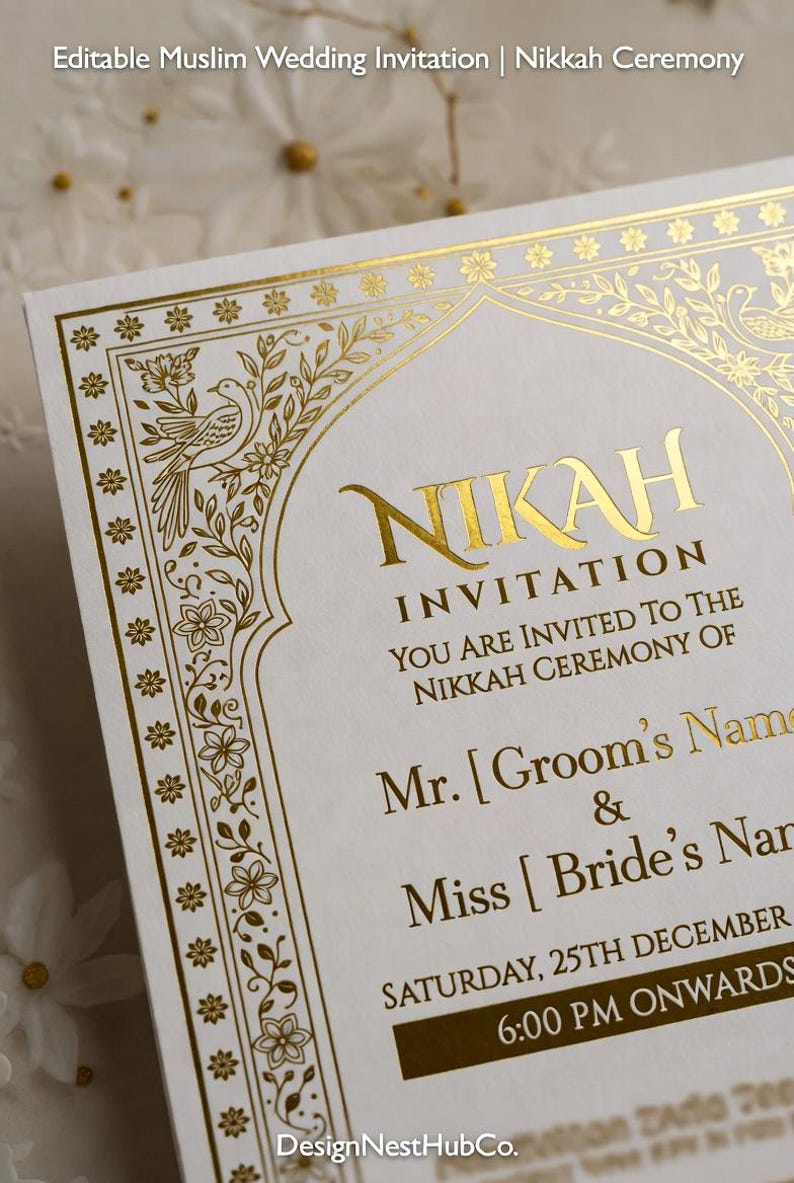 Editable Nikkah Invitation Card Template, Islamic Wedding Invite ...