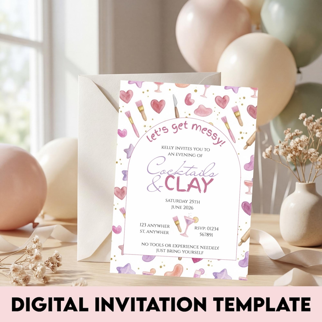 Editable Cocktails and Clay Party Invitation: Printable Canva Template ...