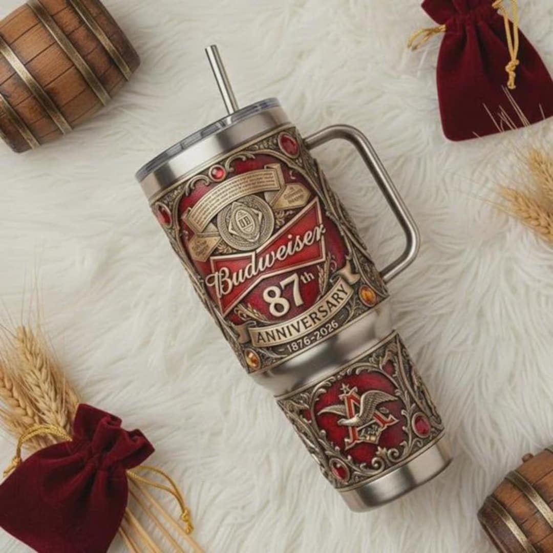 Budweiser 87th Anniversary Stainless Steel Tumbler With Handle, Vintage ...