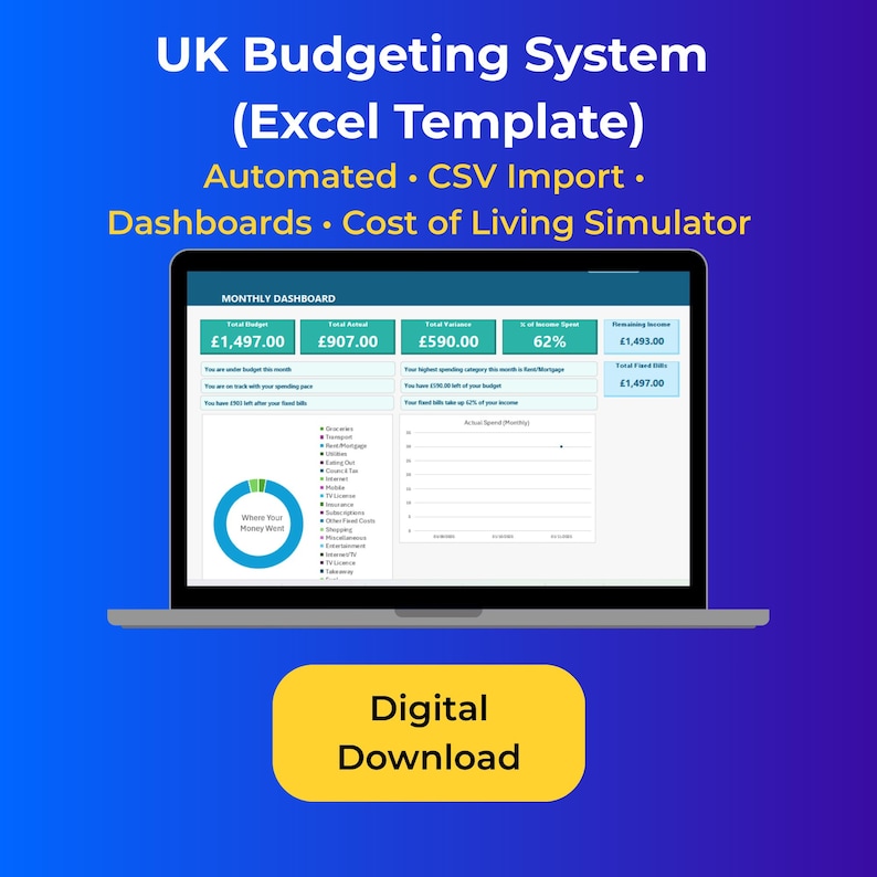 UK Budget Planner Excel Template • Automated CSV Import • Monthly ...