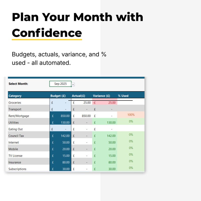 UK Budget Planner Excel Template • Automated CSV Import • Monthly ...
