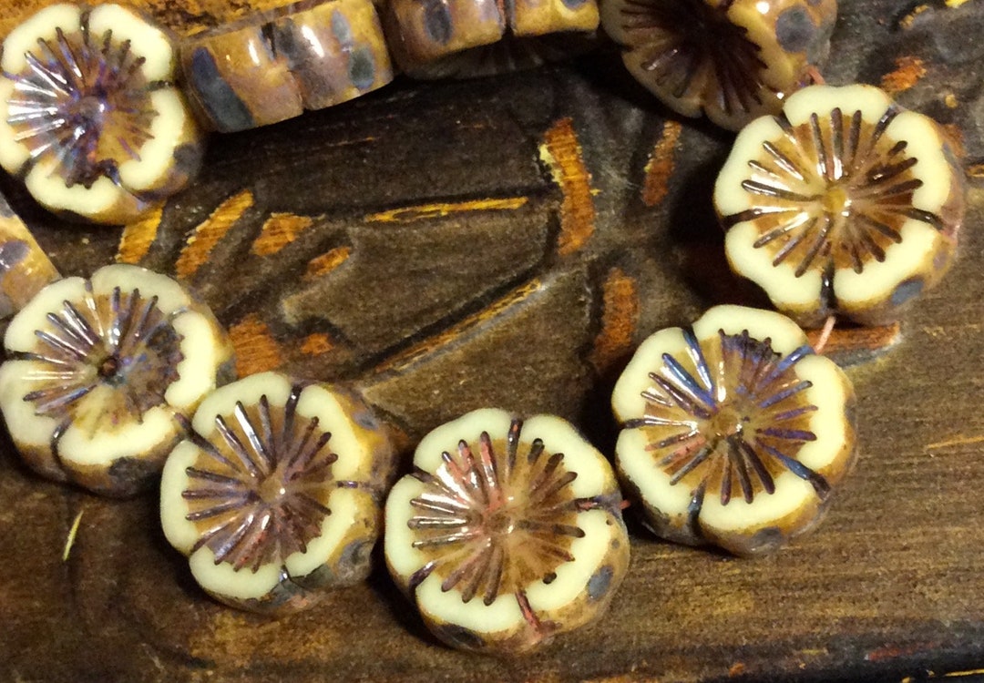 Czech 14mm Hawaiian Flower Bead Bone Picasso Qty 6 - Etsy