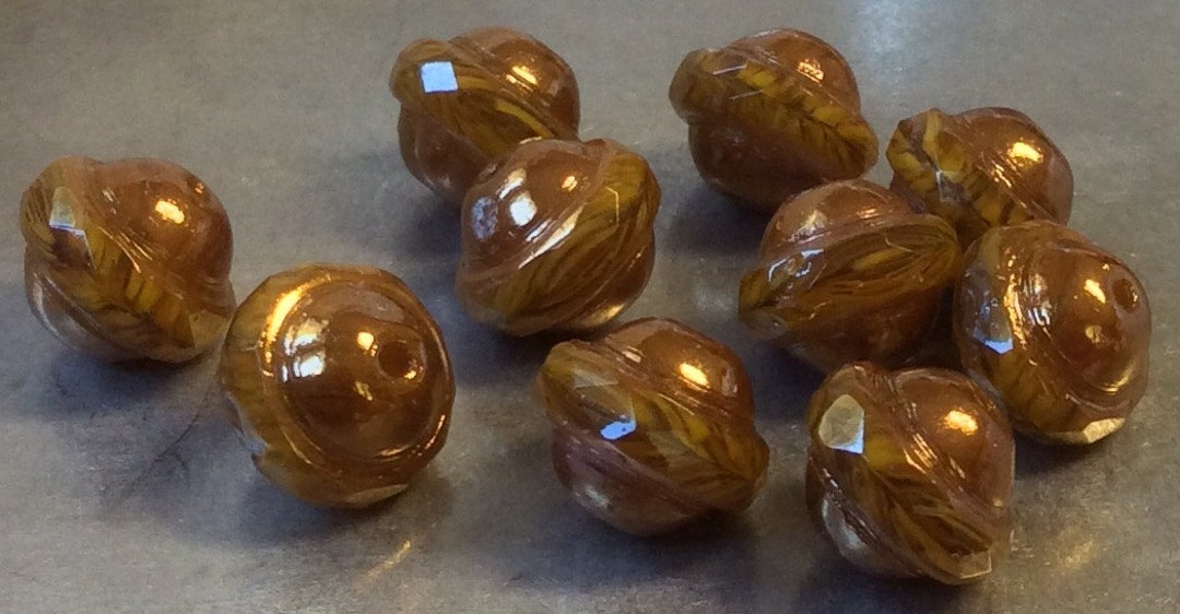 Czech Faceted Saturn Bead 8mm X 10mm Brown Olive Swirl Gold Luster ...