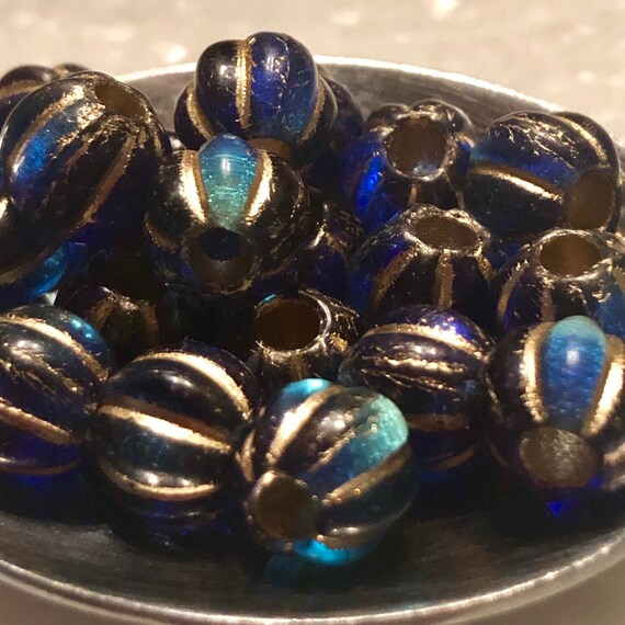 Czech 8mm Large Hole Melon Bead Sapphire Sky Blue Mix Gold | Etsy