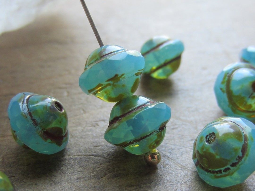 Czech Glass Saturn Bead 8mm X 10mm Aqua Opalite Picasso QTY 10 - Etsy