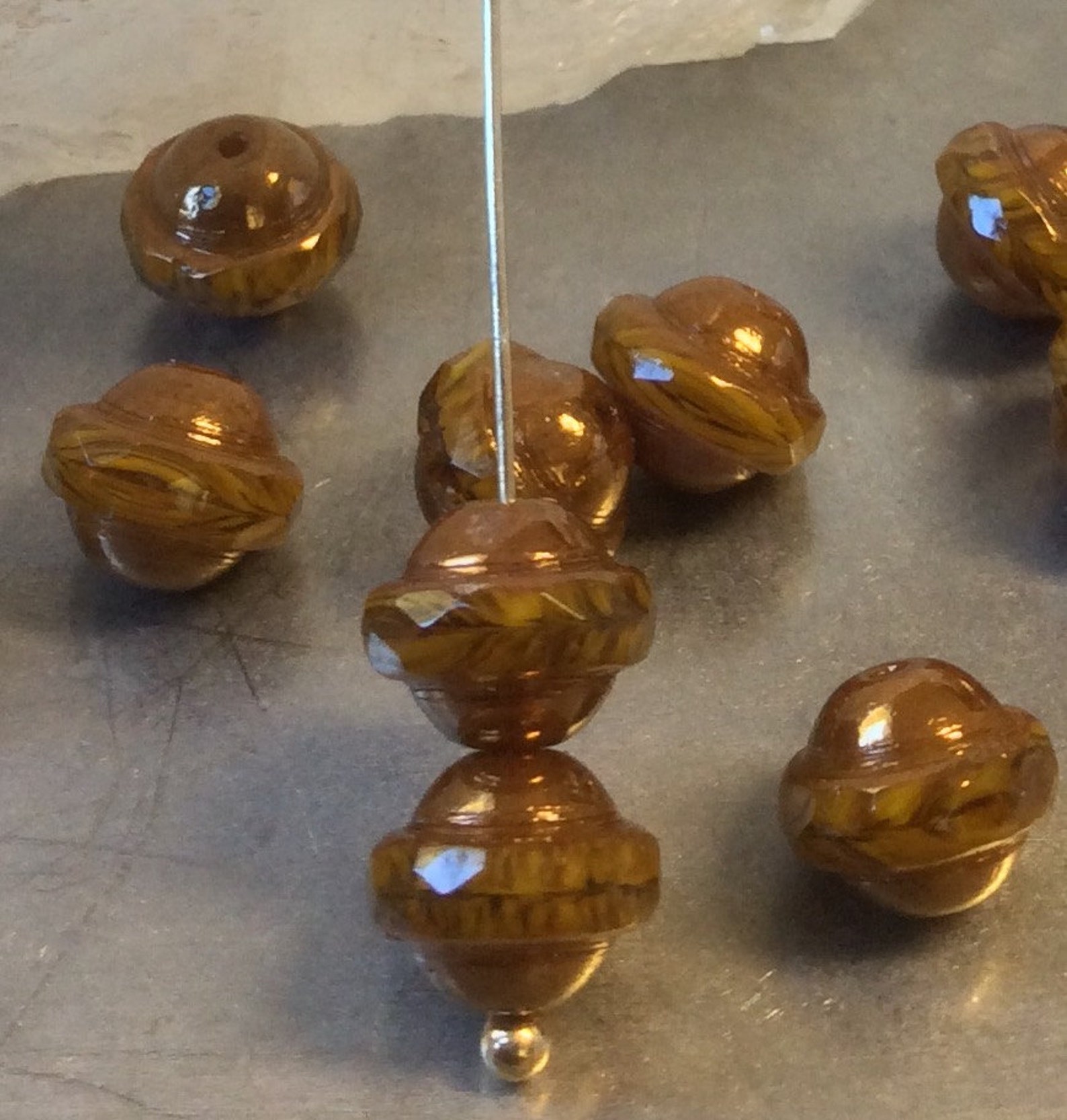 Czech Faceted Saturn Bead 8mm X 10mm Brown Olive Swirl Gold Luster ...