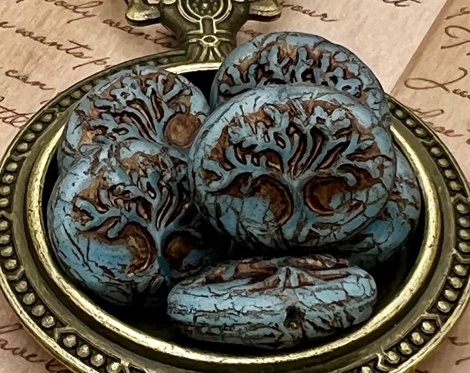 Tree of Life Oval Czech Glass Bead 18mm X 14mm Opaque Blue Silk Old ...