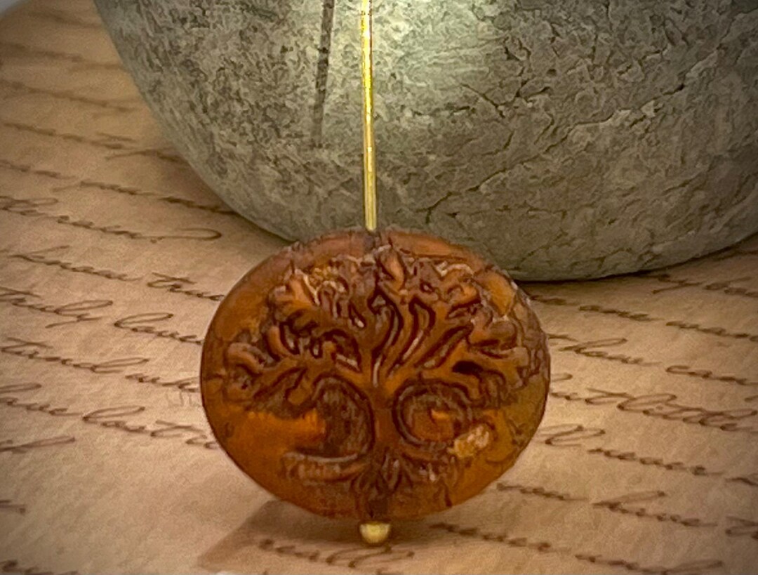 Tree of Life Oval Czech Glass Bead 18mm X 14mm Golden Topaz Old Patina ...