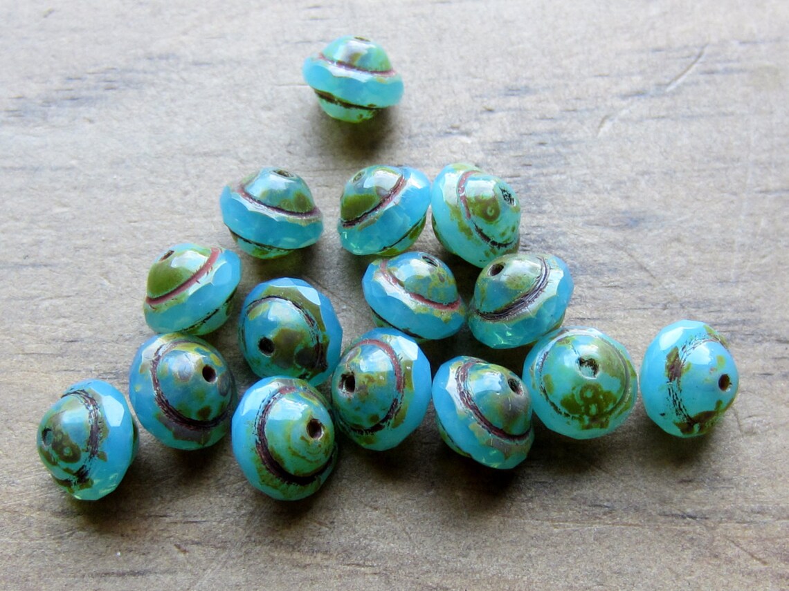 Czech Glass Saturn Bead 8mm X 10mm Aqua Opalite Picasso QTY 10 - Etsy