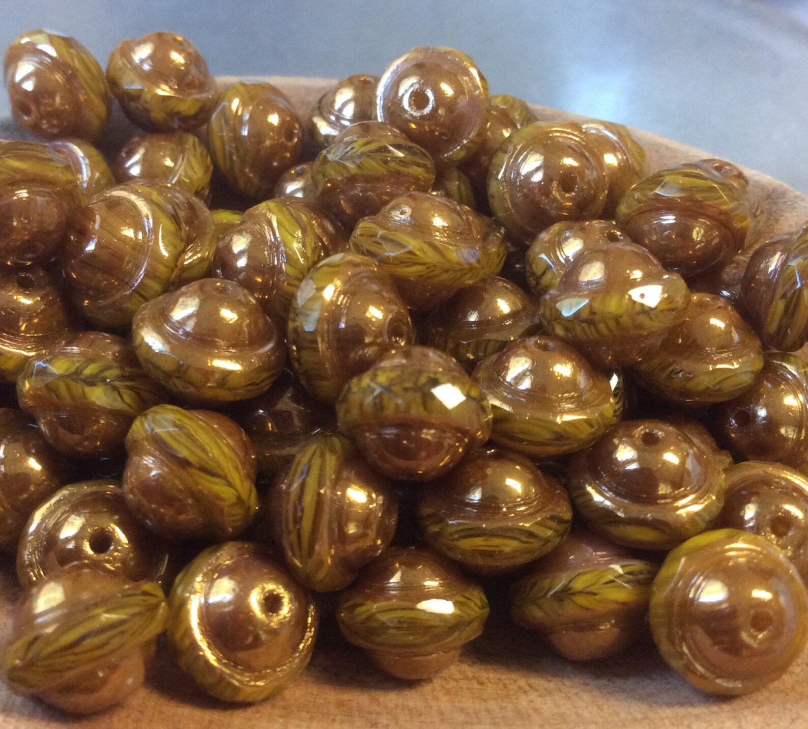 Czech Faceted Saturn Bead 8mm X 10mm Brown Olive Swirl Gold Luster ...