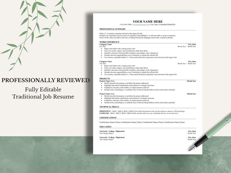 Traditional Resume Template | ATS Friendly | Word, Google Docs & Pages ...
