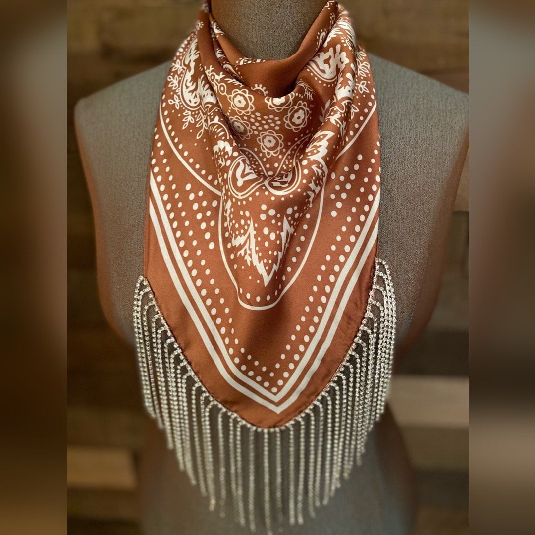 Rhinestone Fringe Silky Bandana Rust Western Bling Cowgirl Country ...