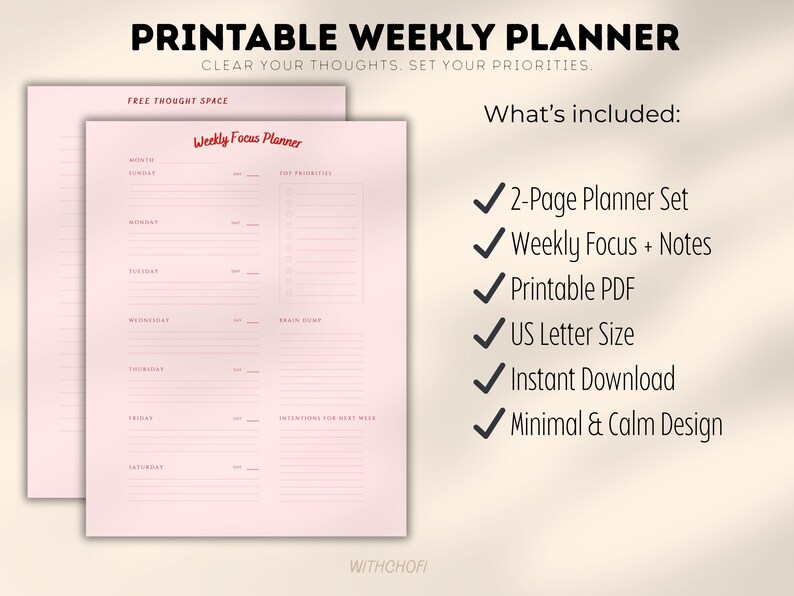 Minimalist Weekly Focus Planner Printable | US Letter PDF - Etsy