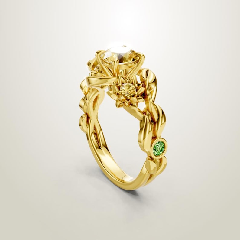Yellow Citrine Engagement Ring, 18k Gold Vermeil Floral Band, Botanical ...