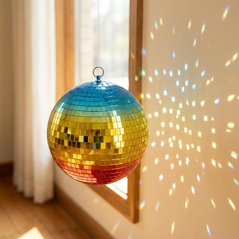 Rainbow Disco Ball Decor | Glass Mirror Mosaic Sphere | Colorful Retro ...