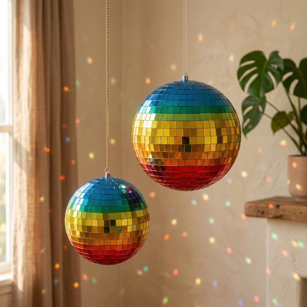 Rainbow Disco Ball Decor | Glass Mirror Mosaic Sphere | Colorful Retro ...