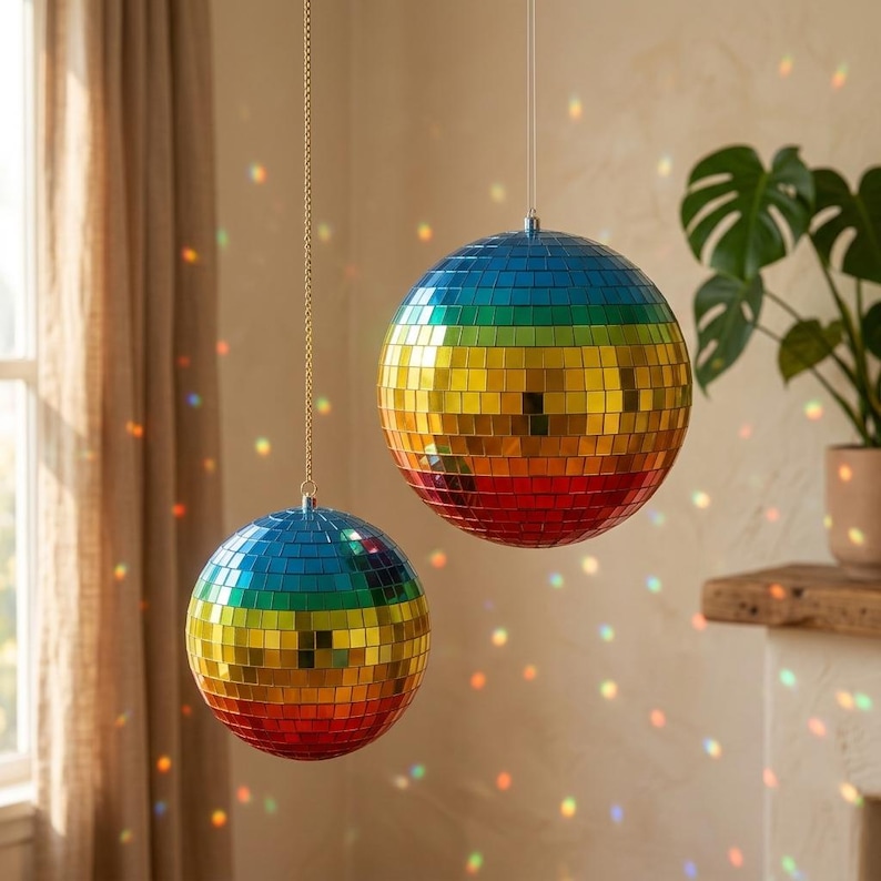 Rainbow Disco Ball Decor | Glass Mirror Mosaic Sphere | Colorful Retro ...