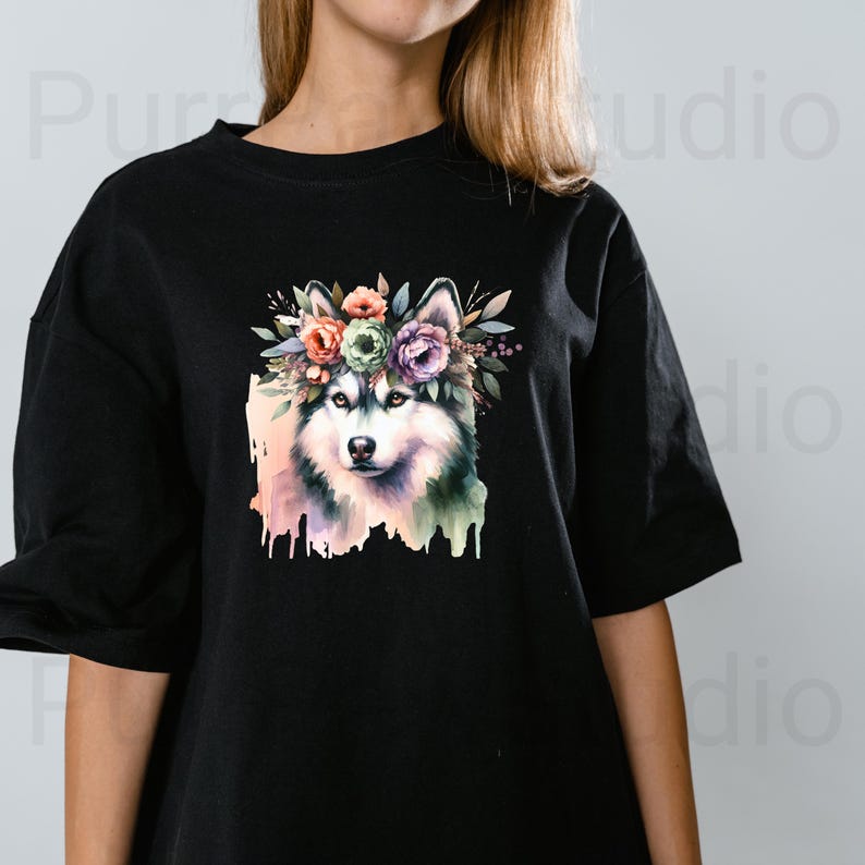 Watercolor Floral Crown Husky PNG – Dog Sublimation Design (digital ...