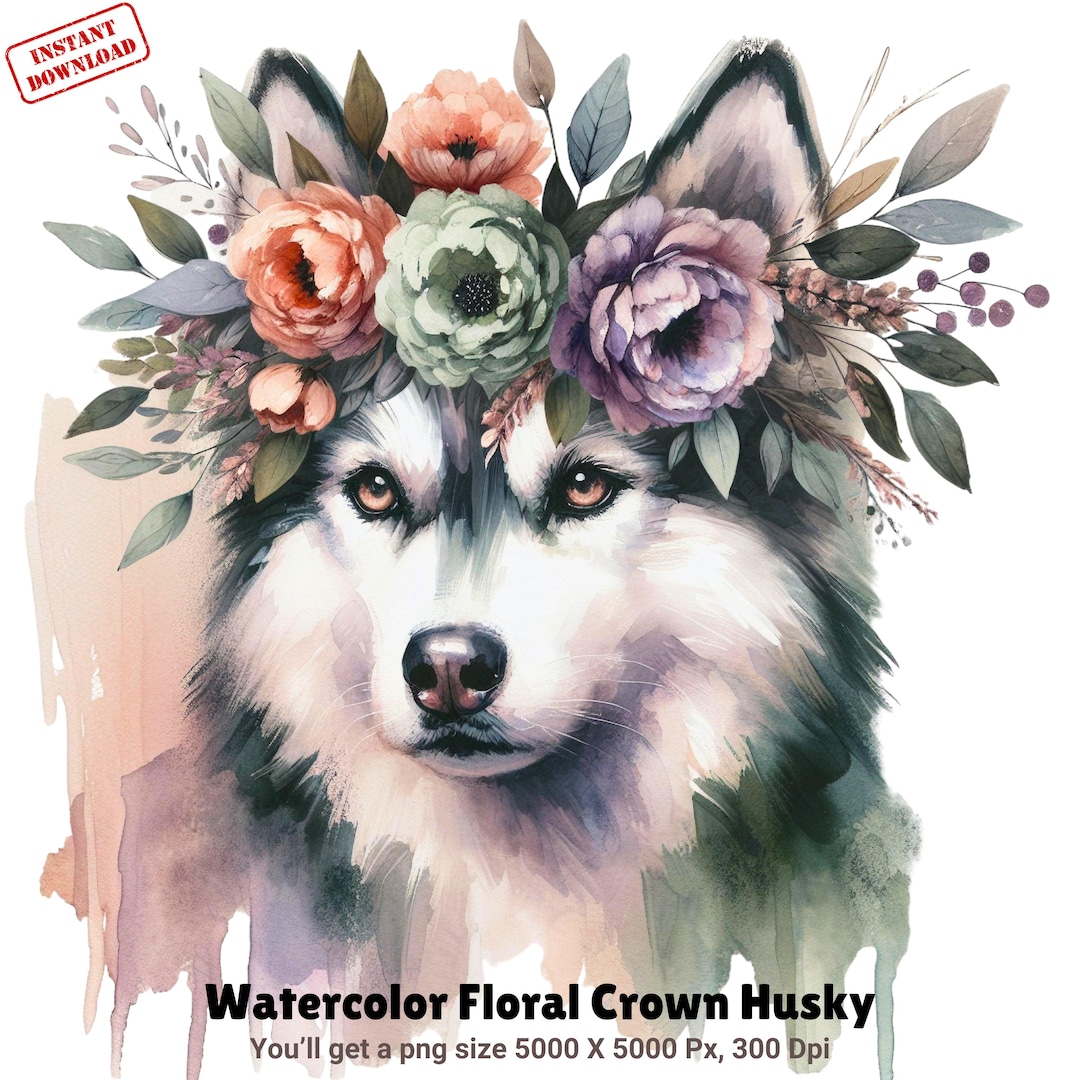 Watercolor Floral Crown Husky PNG – Dog Sublimation Design (digital ...